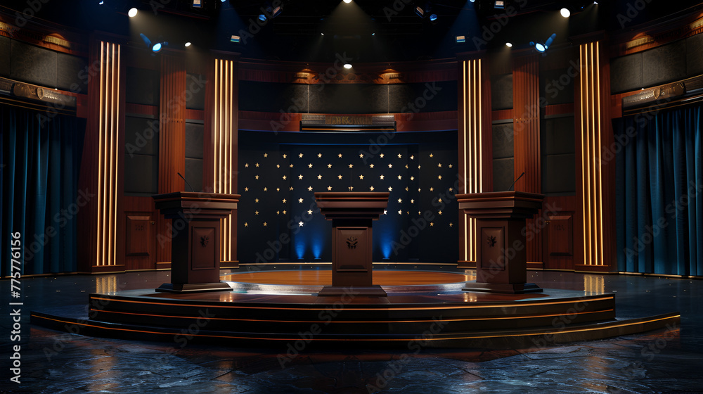 debate stage with two podiums and no one behind them, Generative Ai ...