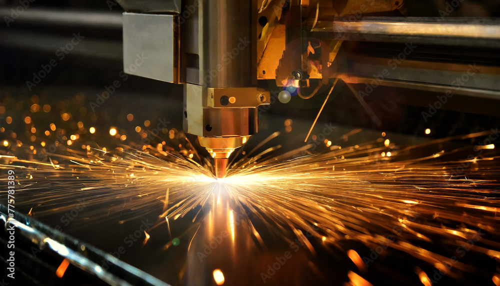 Extreme close-up of an industrial laser cutting machine while cutting a ...