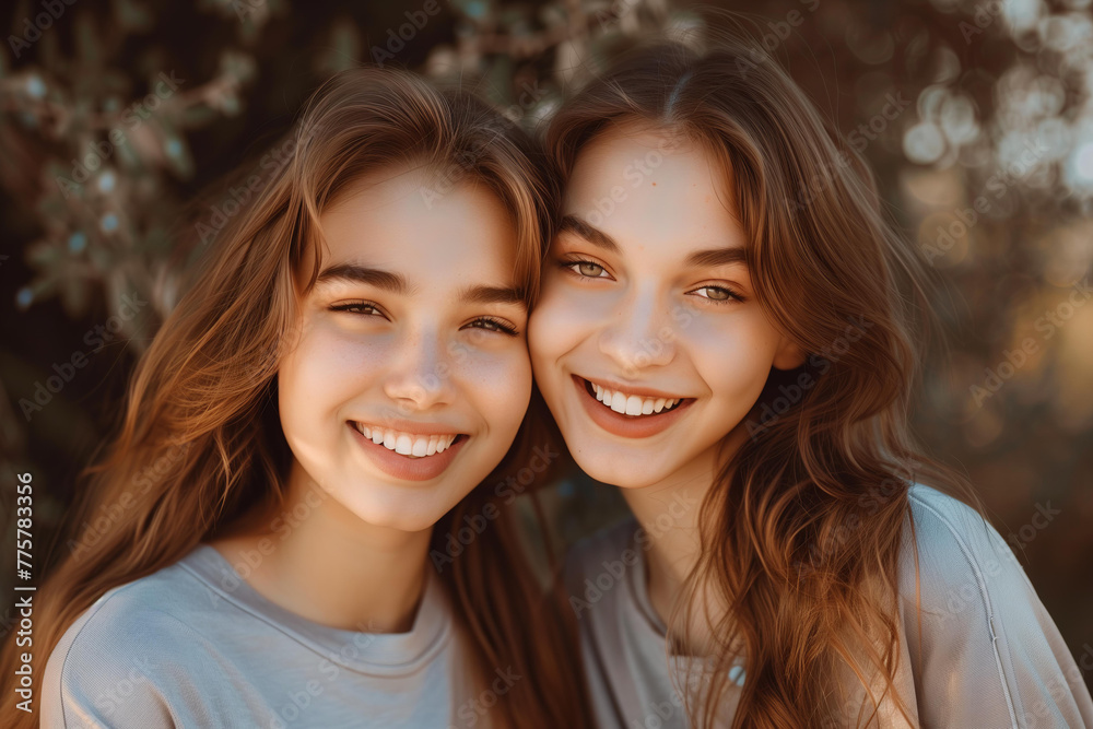 two beautiful twins, young women wearing identical clothes, candid ...