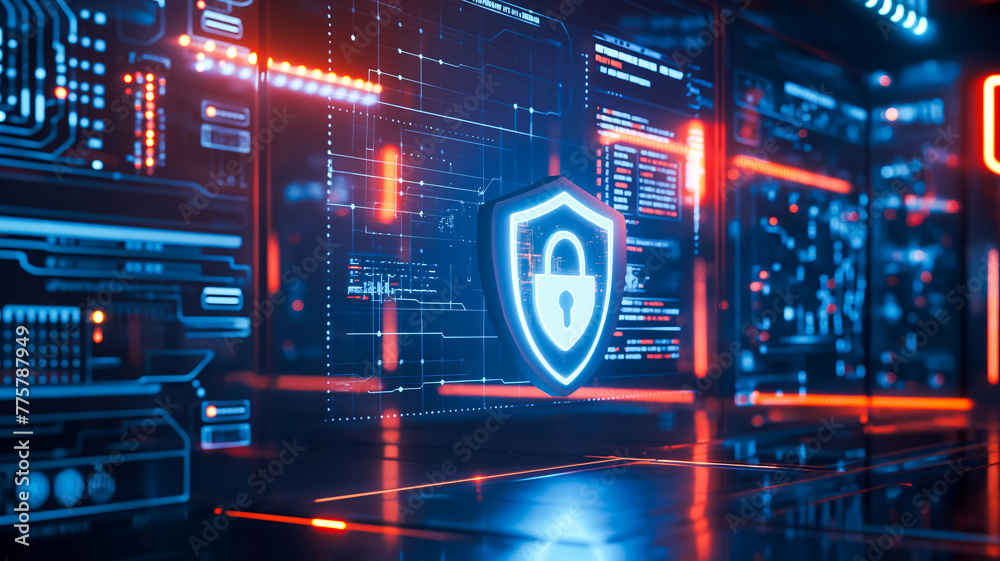 Technology concept Illuminated shield icon on blue server room ...