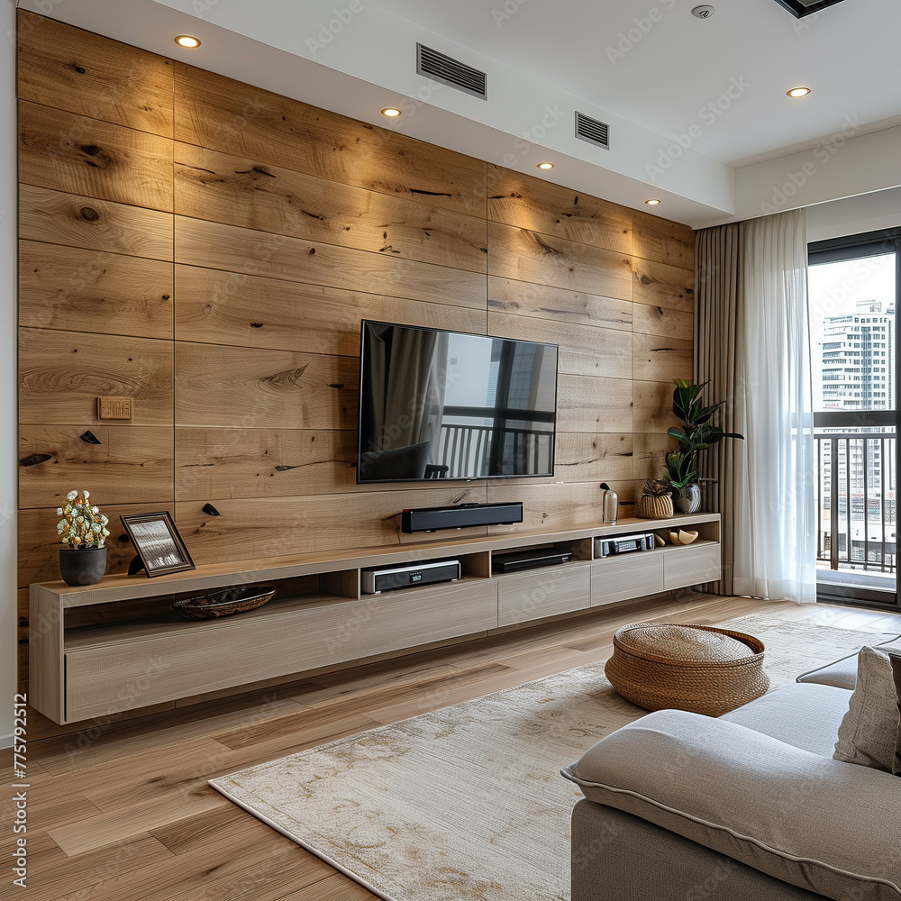 Estancia lujosa, salón de estar, suelos y pared de madera, tablones ...