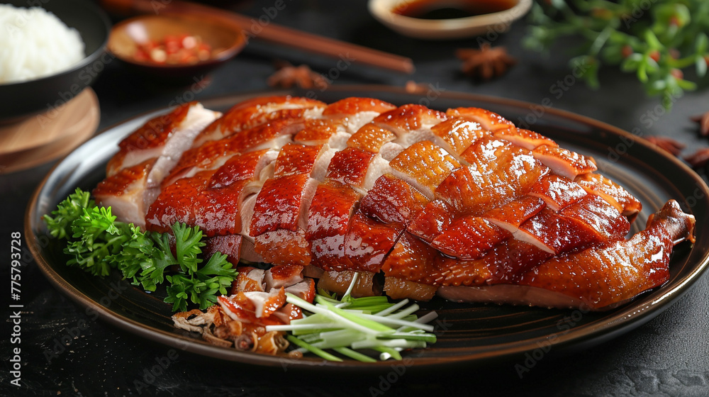 An illustration of the iconic Peking roast duck, golden and shiny, with ...