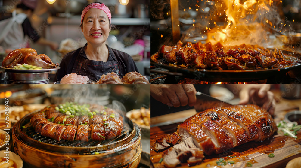 An illustration of the iconic Peking roast duck, golden and shiny, with ...