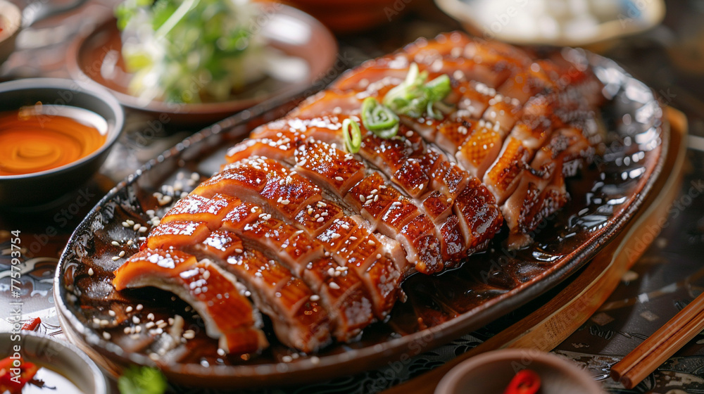 An illustration of the iconic Peking roast duck, golden and shiny, with ...