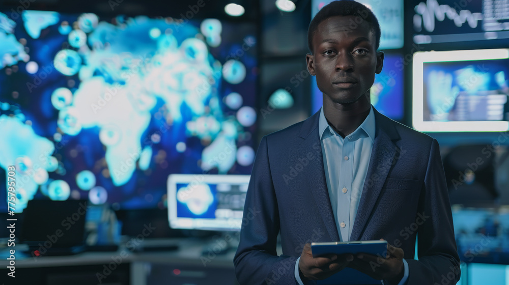 Serious News Anchor Ready for Evening Broadcast, A solemn news anchor ...