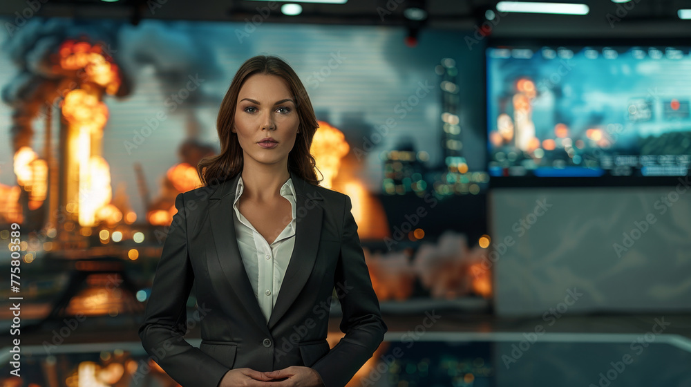 News Anchor Reporting on Industrial Catastrophe, A composed news anchor ...