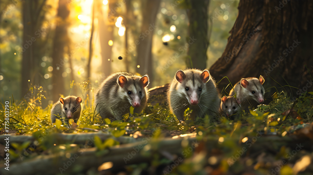 Opossum family in the forest with setting sun shining. Group of wild ...