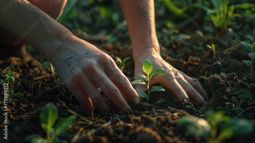 Sprouting Hope. Tender hands plant vibrant seedlings in rich soil ...