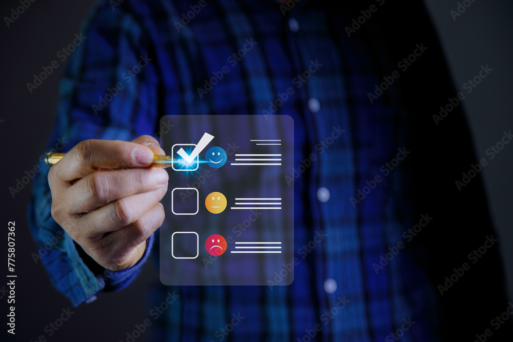 Satisfaction survey. man pointing to Satisfaction list and filling ...