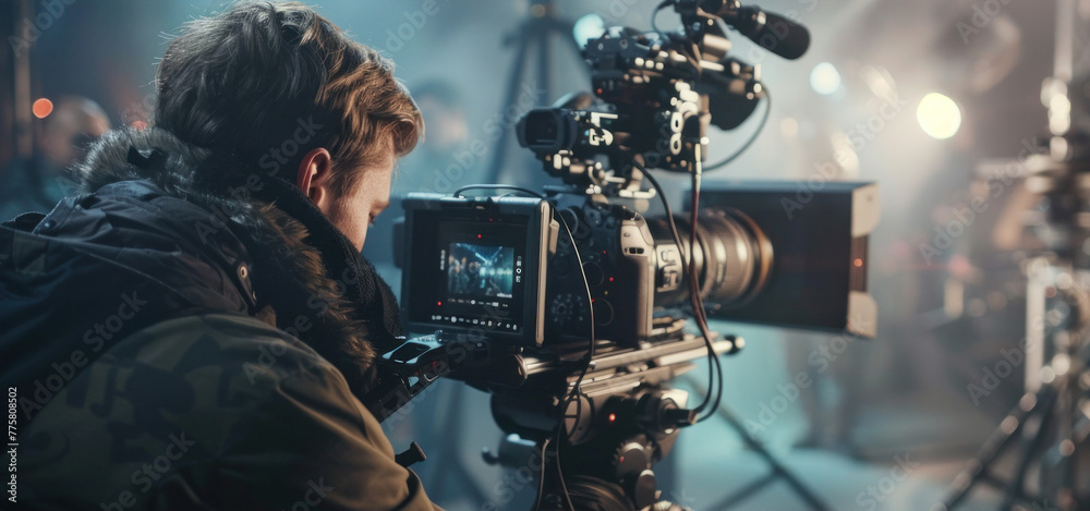 Cinematographer capturing movie scene on film studio set with modern ...