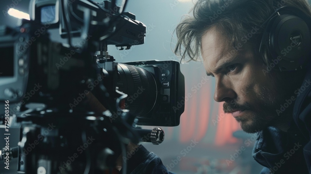 Focused cinematographer operating professional camera while filming in ...
