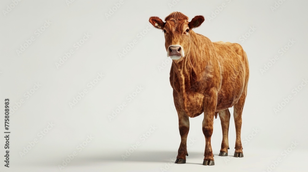 Adult brown cow standing against neutral background in studio setting ...