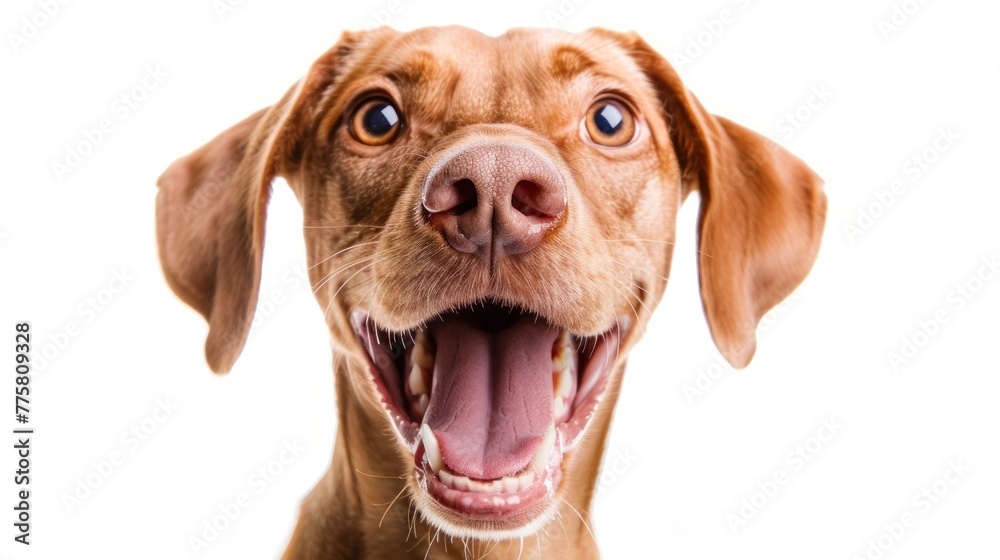 Enthusiastic dog with wide open mouth and tongue out, isolated on white ...