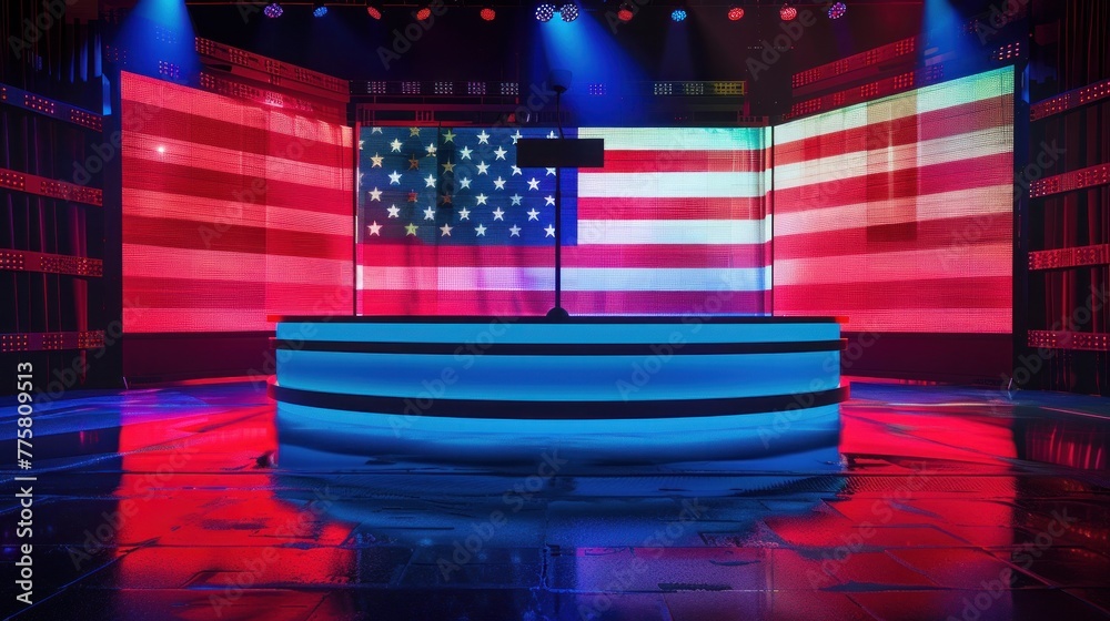 Illuminated podium with United States flag backdrop in event hall ...