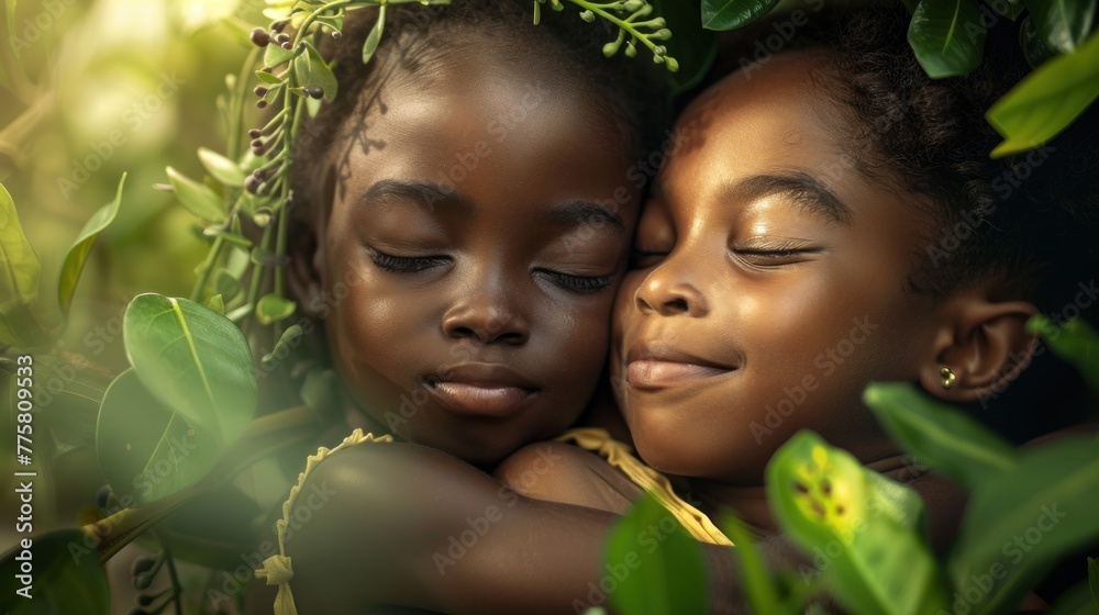 Two young sisters enjoying serene moment together, surrounded by lush ...