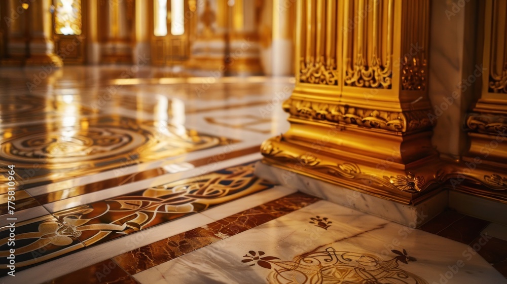 Luxurious interior design with golden columns and intricate floor ...