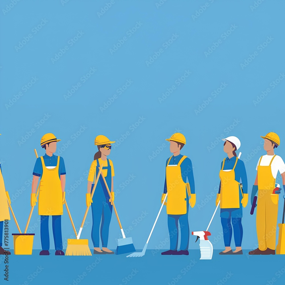 Cleaning company workers on blue background, cartoon illustration ...