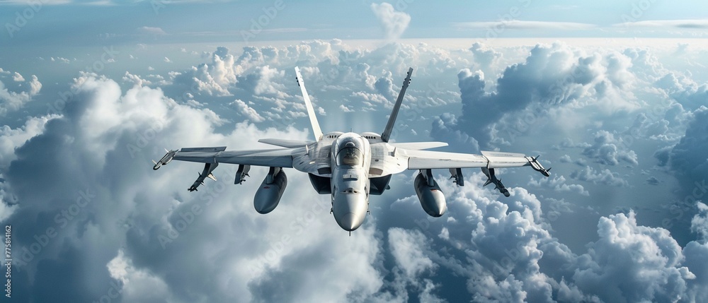 A powerful jet fighter aircraft maneuvers with agility through the ...
