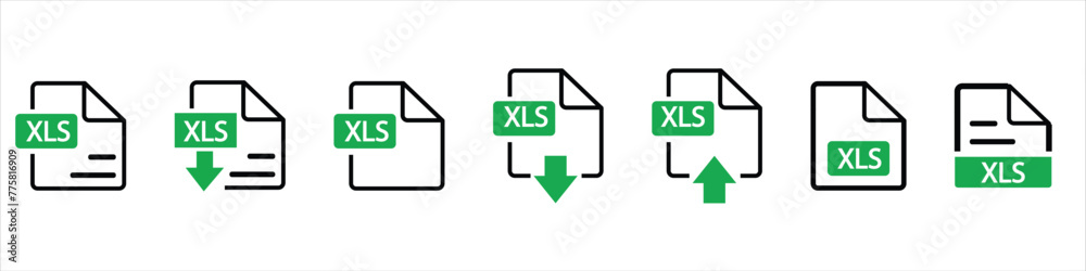 XLS file format icon set in line style. Format information, Document text, Xls file download ...