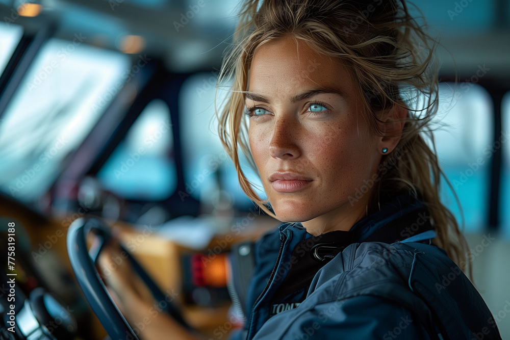 Female captain at helm of a large vessel, woman in profession Stock ...