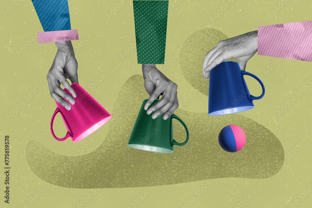 Collage image sketch of people play game plastic magic tricks ball ...