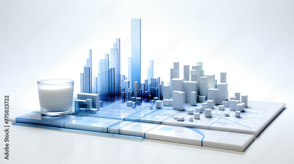 3D Architectural Cityscape Model with Graphs on Blueprint Background ...