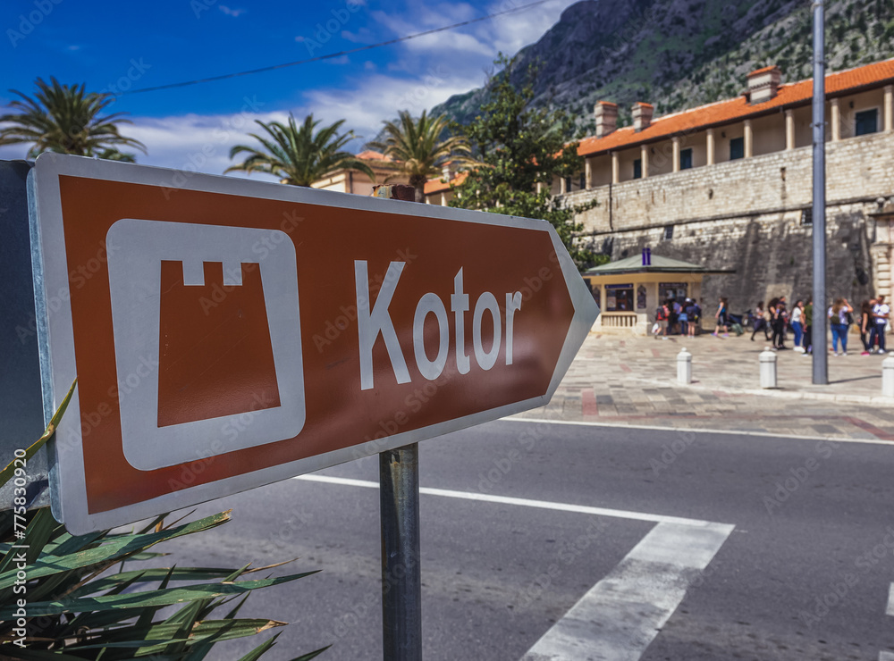 Sign pointing Sea Gate in Old Town of Kotor coastal town, Montenegro ...