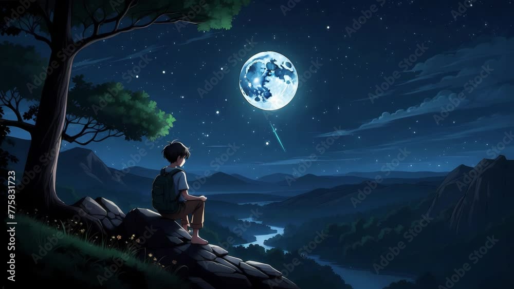 A Boy watching stars Sitting on Rock Watching the Night Sky with the ...