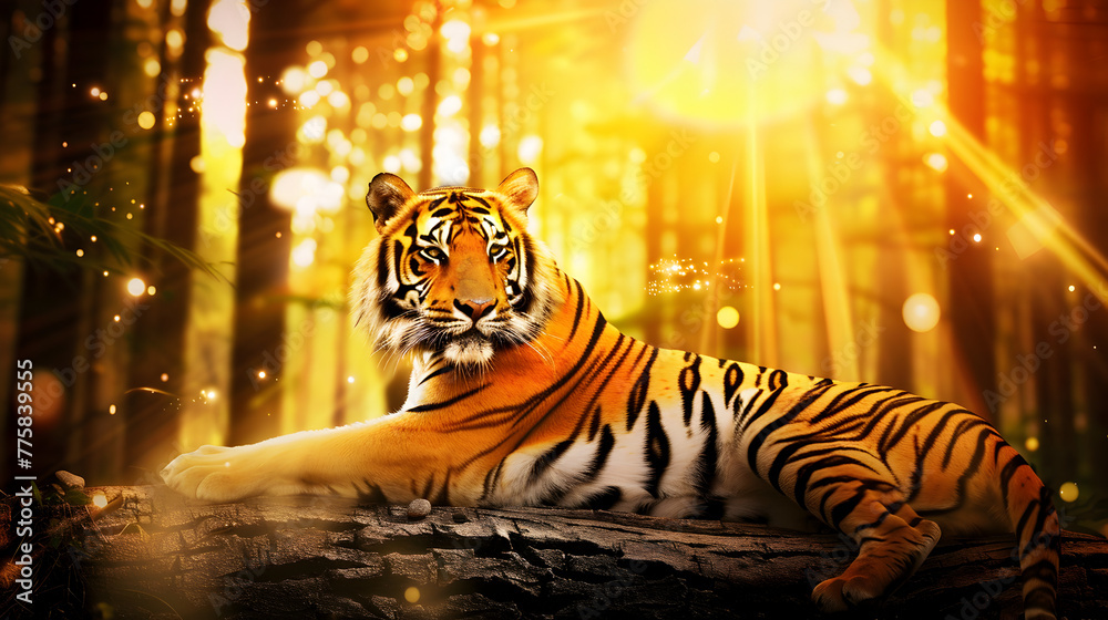 Regal Bengal tiger resting in the dappled sunlight of an Indian forest ...