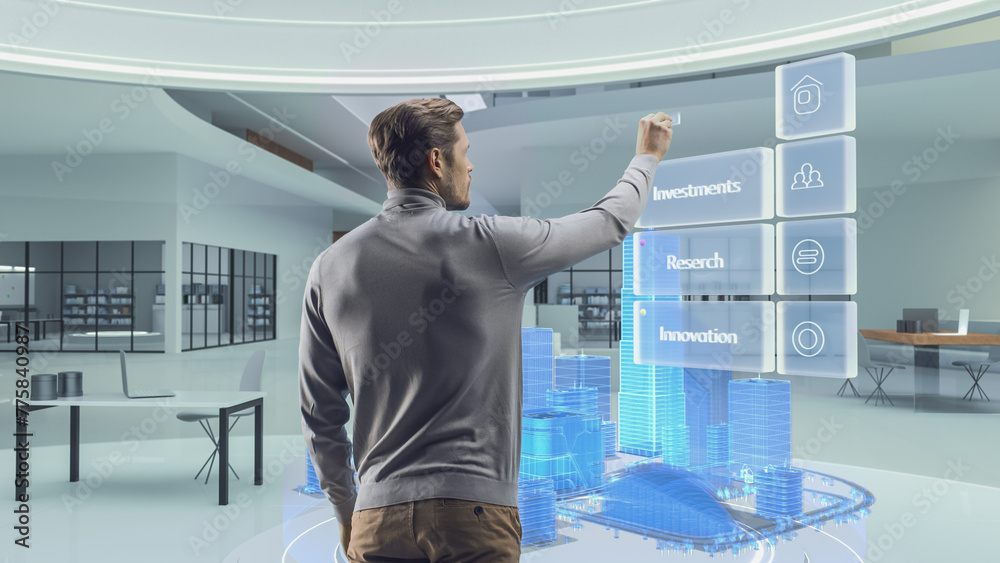 Futuristic Architect Standing in Virtual Space, Interacting with an ...