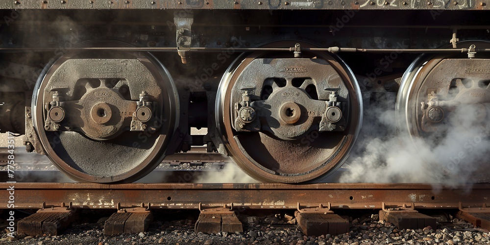 Freight train wheels on tracks, close-up, early morning mist, power and ...