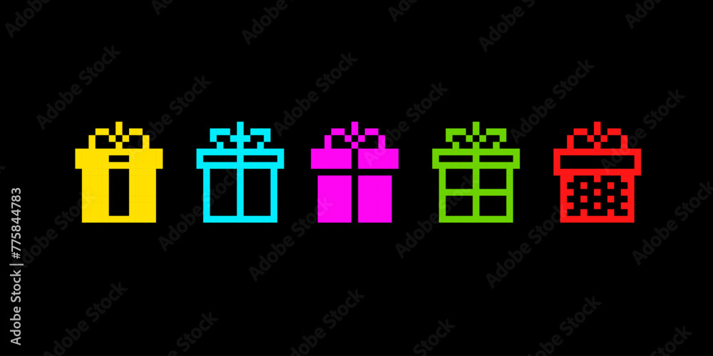 Colorful Pixel Gift Box vector icons collection. Pixel Art Gift Box ...