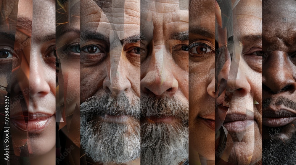 Human face made from different portrait of men and women of diverse age ...