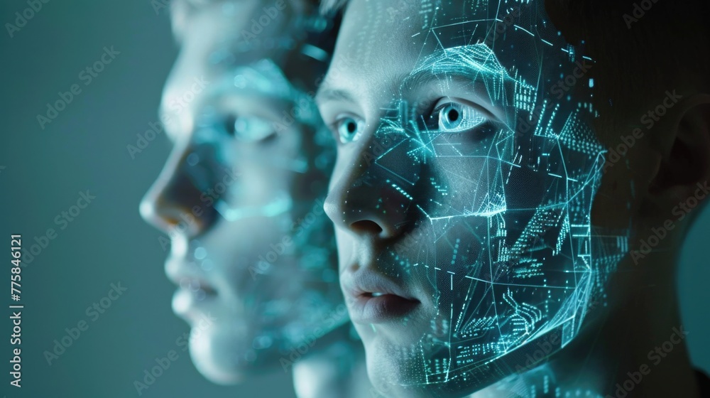 Deep fake, AI and face swap in video edit. Deepfake and machine learning. Facial tracking ...