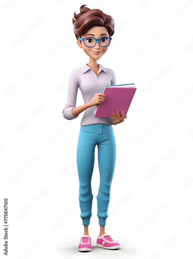 3D cartoon character student girl wearing eyeglasses reading a book ...