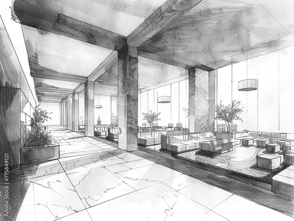 A drawing of a large open hotel lobby with a lot of furniture and ...