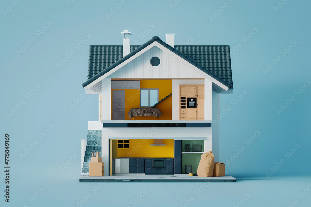 Miniature model of house in section with interior rooms, building ...