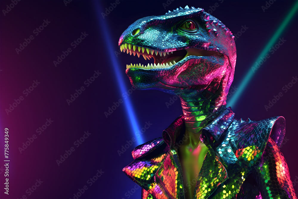 Creative animal concept. Dino dinosaur in disco neon glitter glam shiny ...