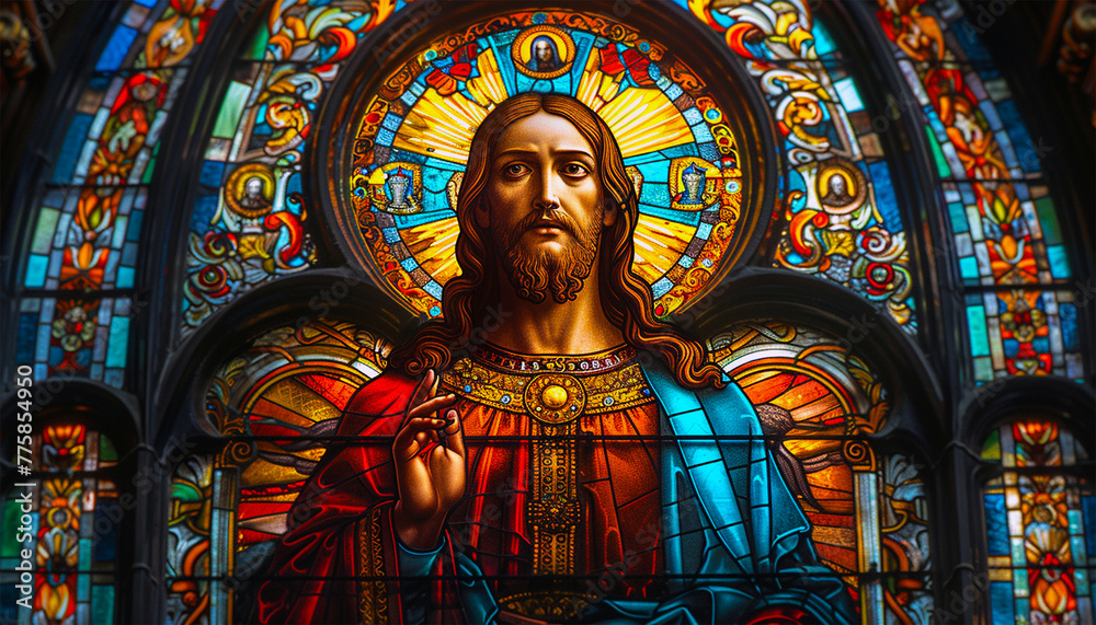 Jesus in church with The Sun's Rays Streaming Through Stained Glass ...