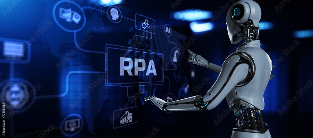 RPA Robotic process automation concept. Robot pressing button on screen 3d render. Stock ...