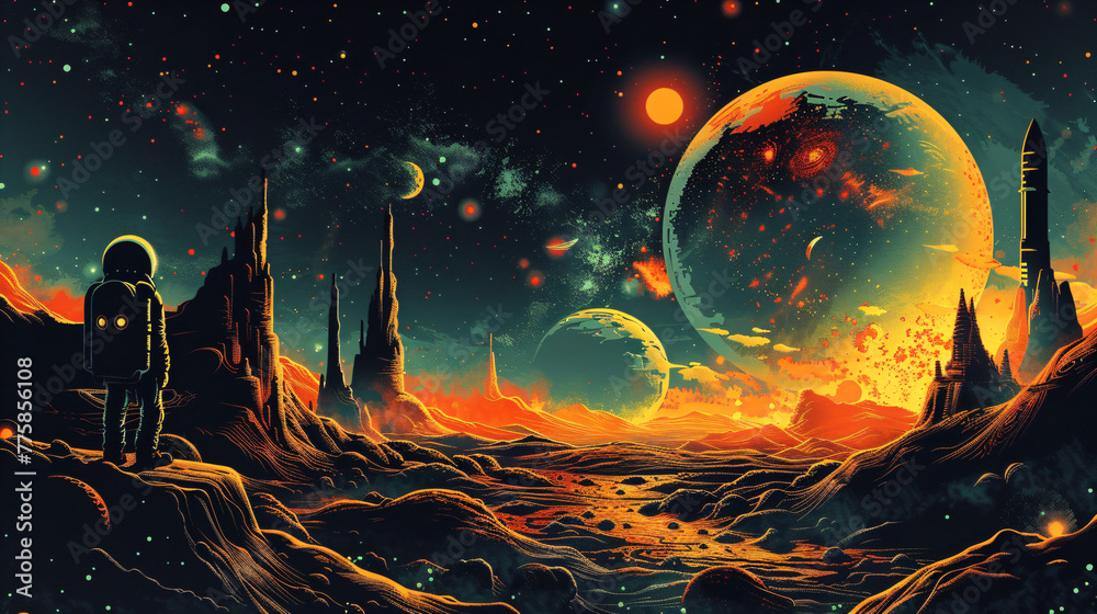 Stylized outer space landscape with celestial bodies. Vintage-inspired cosmic illustration ...