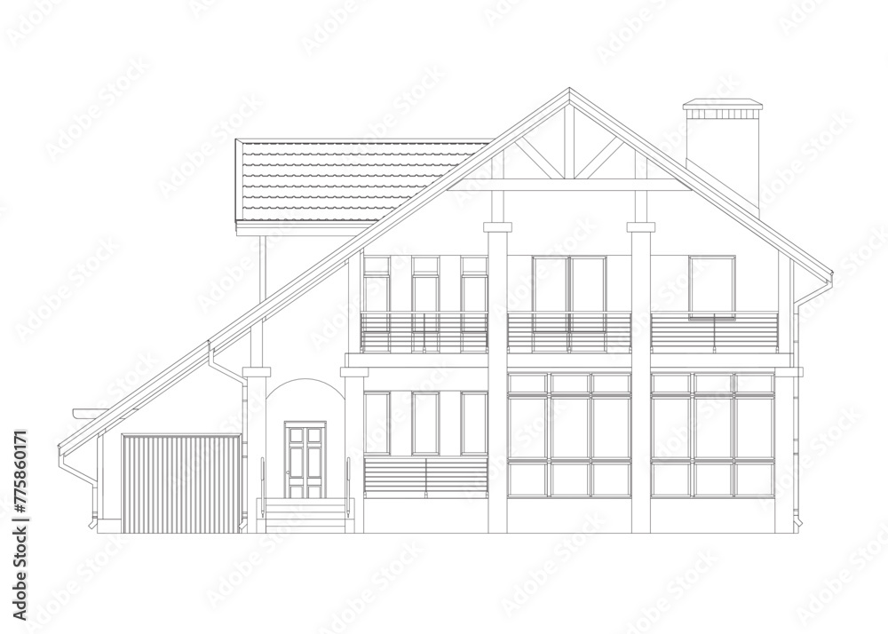 Outline suburban house model. Drawing of the modern building. Cottage ...