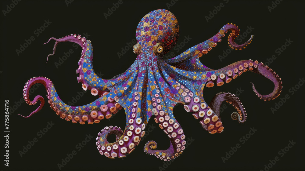 octopus in the art style of bold colors and quilted patterns, whimsical ...