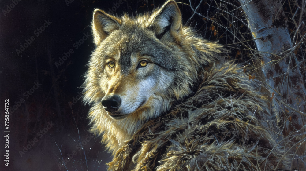 The regal wolf, draped in a fur-trimmed cloak, gazes into the moonlit ...