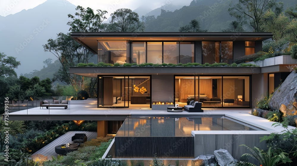 Ilustração do Stock: Modern exterior of a luxury villa in a minimal ...
