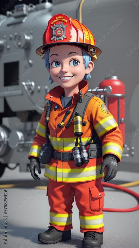adorable cartoon woman firefighter, in full gear, standing proudly, can ...