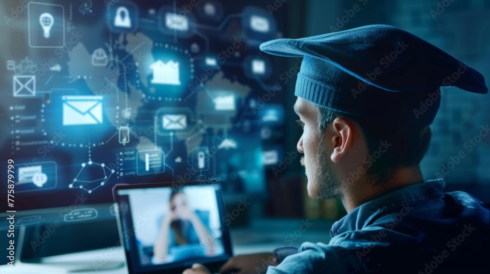 Student with digital learning interface - A male student engages with a ...