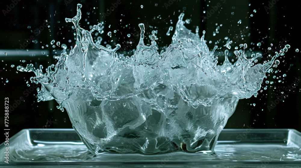 In a dynamic explosion, a water splash emanates from a thrown stone ...