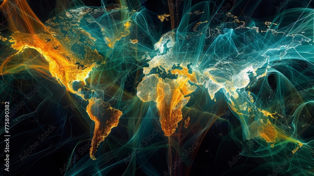 World map with energy lines and glowing flares - An energetic depiction ...
