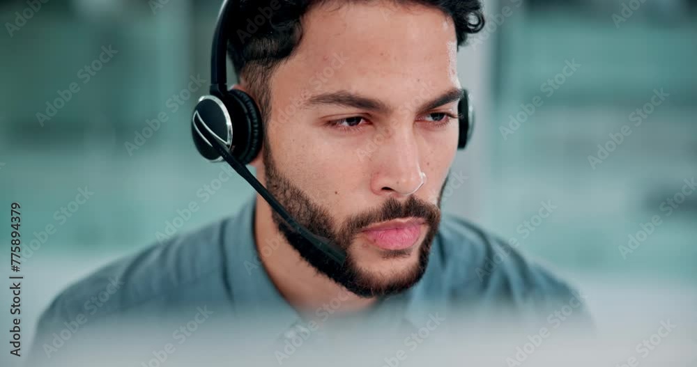 Vídeo do Stock: Face, mic and headphones at callcenter with man for ...